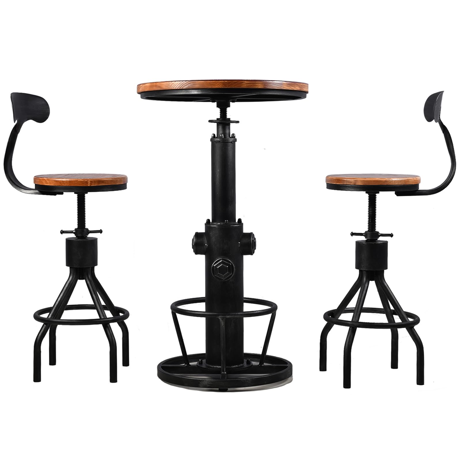 LOKKHAN 3-Piece Bar Table (38.6"-48.4") & 2 Backrest Stools (24"-30") Set for Pub Kitchen Dining Living Party Bistro Breakfast, Swivel Top, Height Adjustable, Most Weld, Space-Saving（Black&Brown）