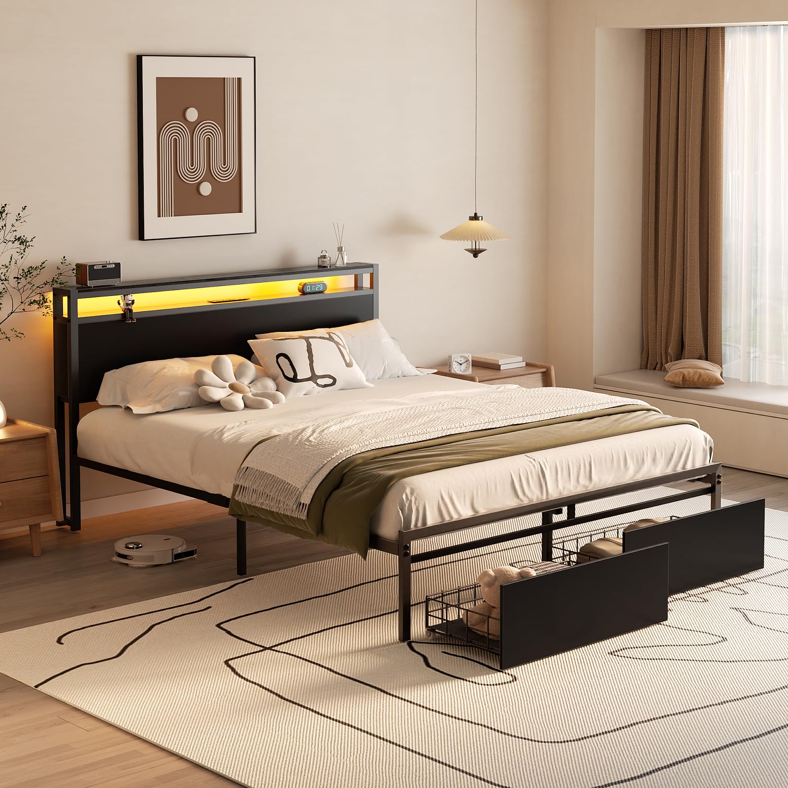 Homieasy King Size Bed Frame with Storage Drawers, Industrial Metal Platform Bed with Charged Headboard and LED Lights, No Box Spring Needed, Noise-Free, Easy Assembly, Black