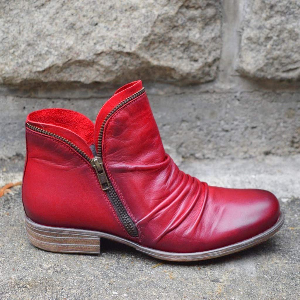Comfortable Chelseas Boots Shoes Elastic Chunky Block High Heel Women's Casual Zipper Leather Boots Women 6 Red