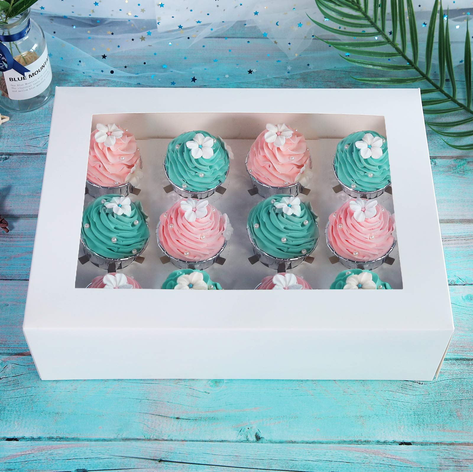 ONE MORE 15-Pack White Cupcake Boxes 12 Holders Cake Carrier Food Grade Pop-up Bakery Boxes 13.8 x 9.5 x 4inch with Inserts and PVC Windows Fits 12 Cavity Cupcake Pack of 15