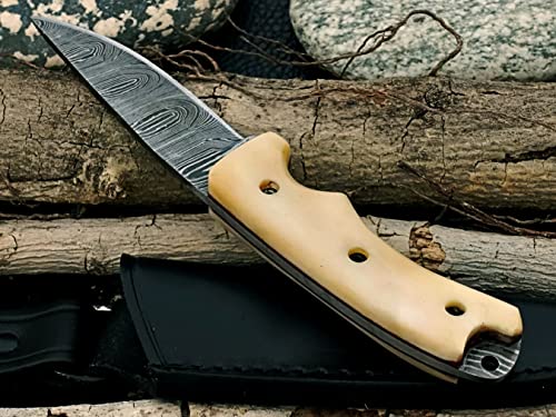 Custom Handmade Damascus Steel Hunting Knife Skinner knife Fixed Blade Knife 8 1/2'' Overall Camel Bone with Sheath BW-4145