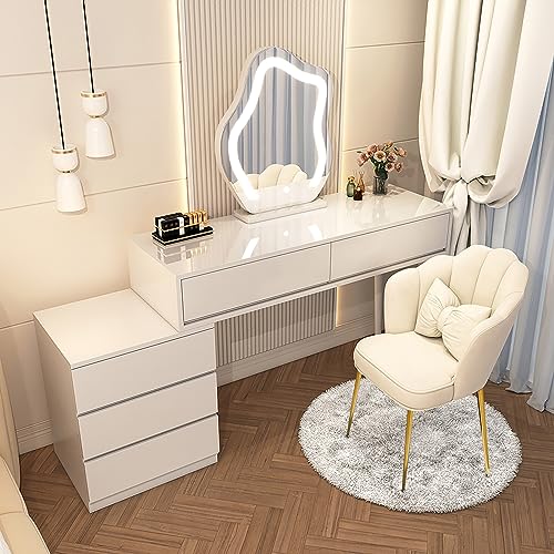 Makeup Vanity Desk with Mirror and Lights, Dressing Table with Movable Cabinet and Drawers,Chair,Vanity Mirror with 3-Color Lighted, Modern Vanity Set for Women Girls for Bedroom (47 inch)