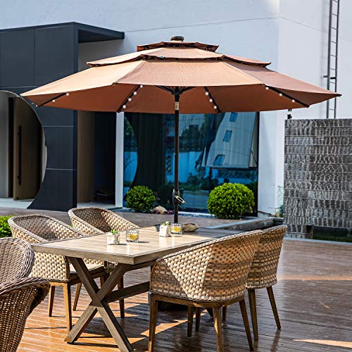Klismos 10FT 3 Tiers Patio Umbrella with Lights Windproof Outdoor Market Umbrella Large Waterproof Table Umbrella with Tilt and Crank(Coffee)