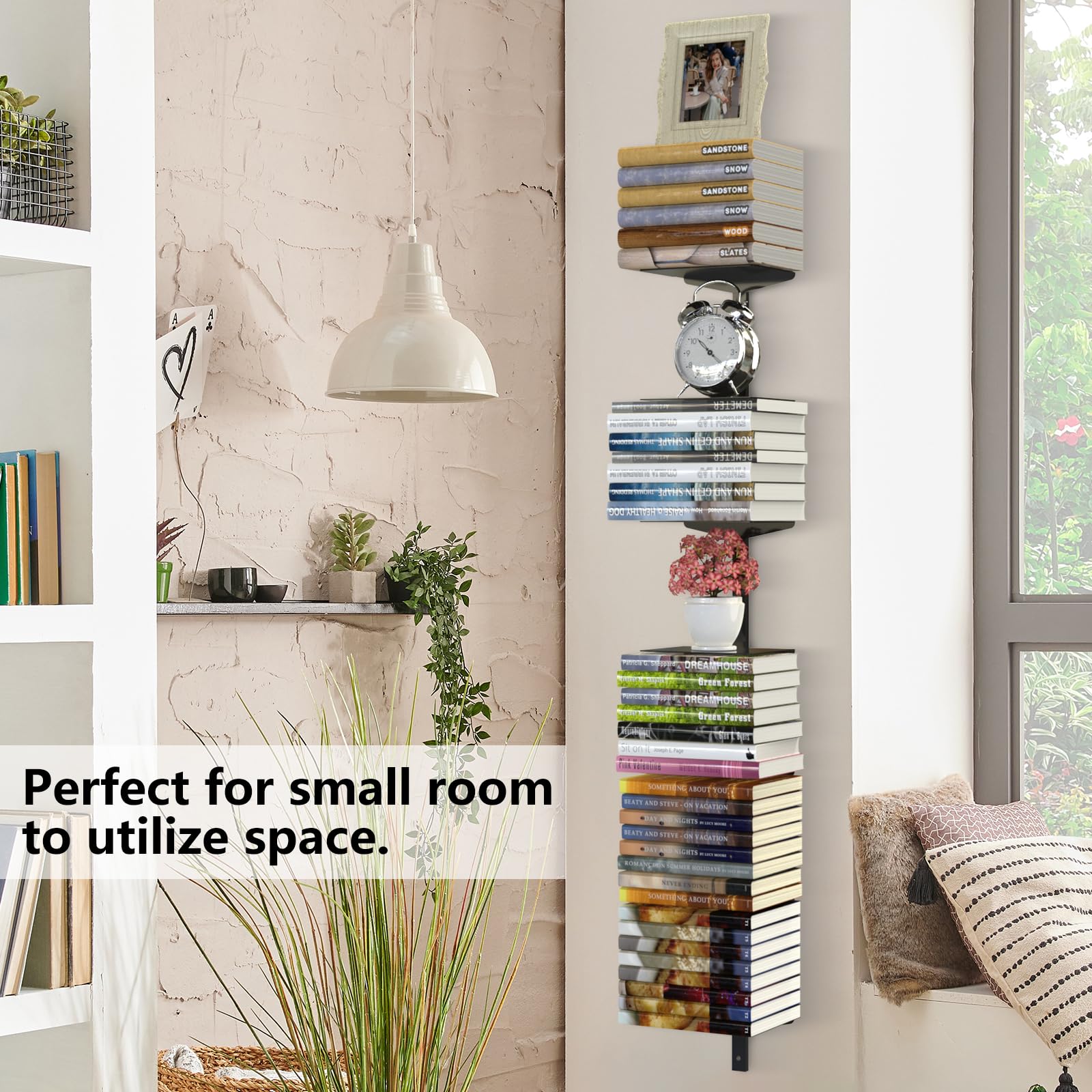 DuvinDD 8-Tier Floating Tree Bookshelf for Wall Mounted, Industrial Metal Vertical Spine Book Tower, Hanging Bookshelf Home Office Book Storage Shelves for Wall, 4 Pack