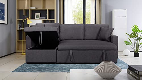 ERYE L-Shaped Reversible Corner Convertible Sleeper Sectional Sofa with Pull Out Sleeper Couch Bed,Storage Chaise and 2 Pillows for Home Apartment Office Living Room, Dark Gray Linen Sofa&Couch