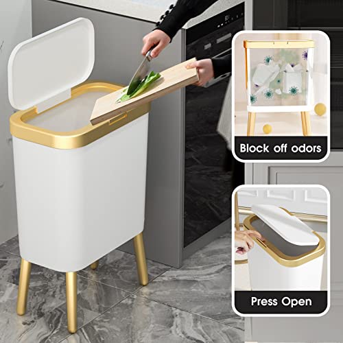 Huaqinglian 4Gallon Bathroom Trash Can with Lid, Small Kitchen Garbage Can,Slim Bedroom Trash bin Wastebasket Plastic for Office/Toilet/Living Room(White with Gold Edge)