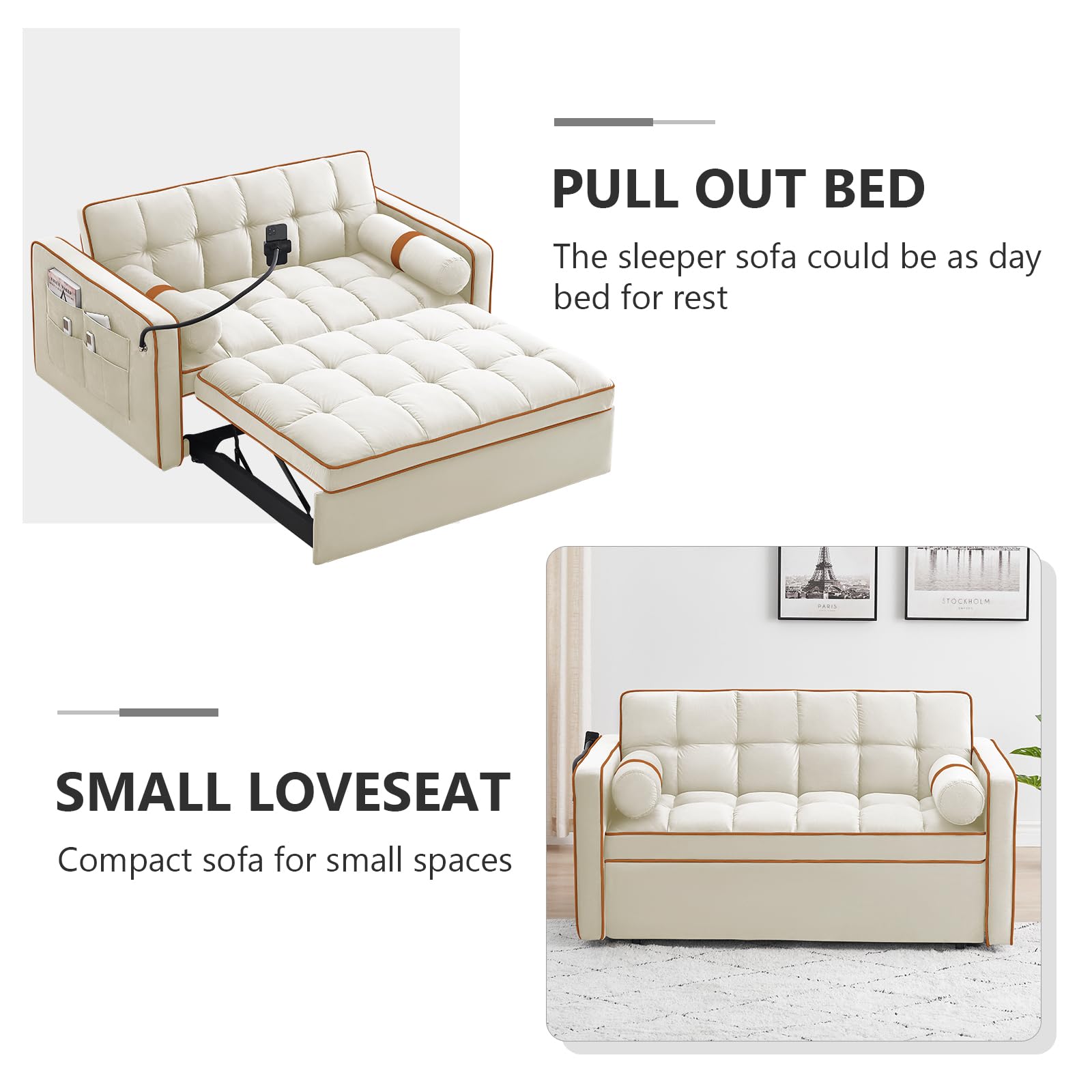 Hommoo Sleeper Sofa Couch with Pull Out Bed 3 in 1 Small Love Seat Convertible Futon Sofa Bed Comfortable Velvet Reclining Back Toss Pillows and Pockets for Living Room, Office 55" Blue