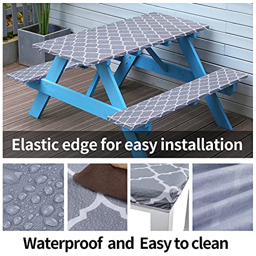 frtzal Vinyl Picnic Tablecloths and Bench Covers, Camping Tablecloth Picnic Pable Bench Covers with Elastic Waterproof Picnic Table and Bench Seat Covers for Outdoor Patio Park