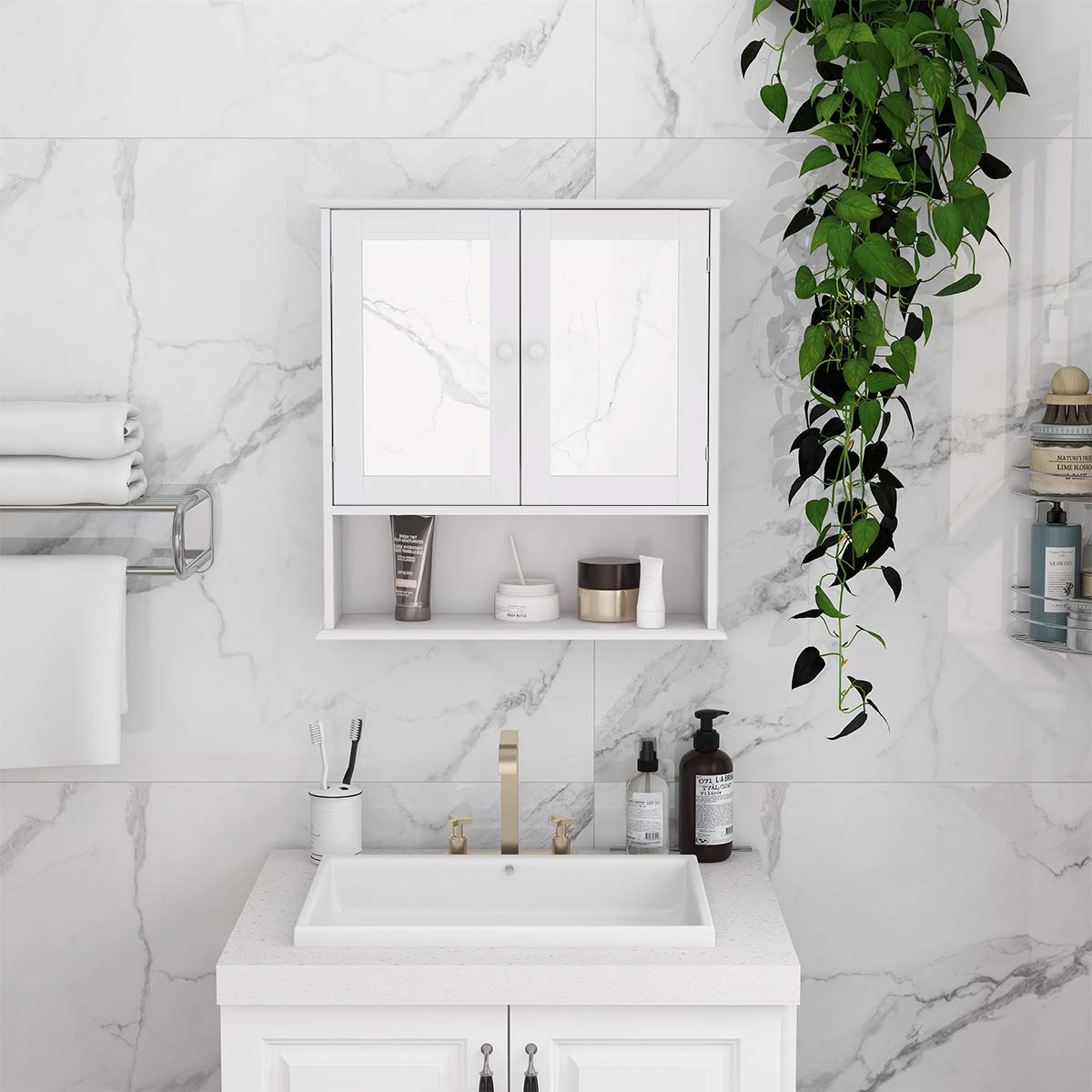 JUQUANBH Bathroom Wall Cabinet, Medicine Cabinets for Bathroom with Doule Mirror Doors 3 Open Shelf, Wooden Bathroom Storage Cabinet