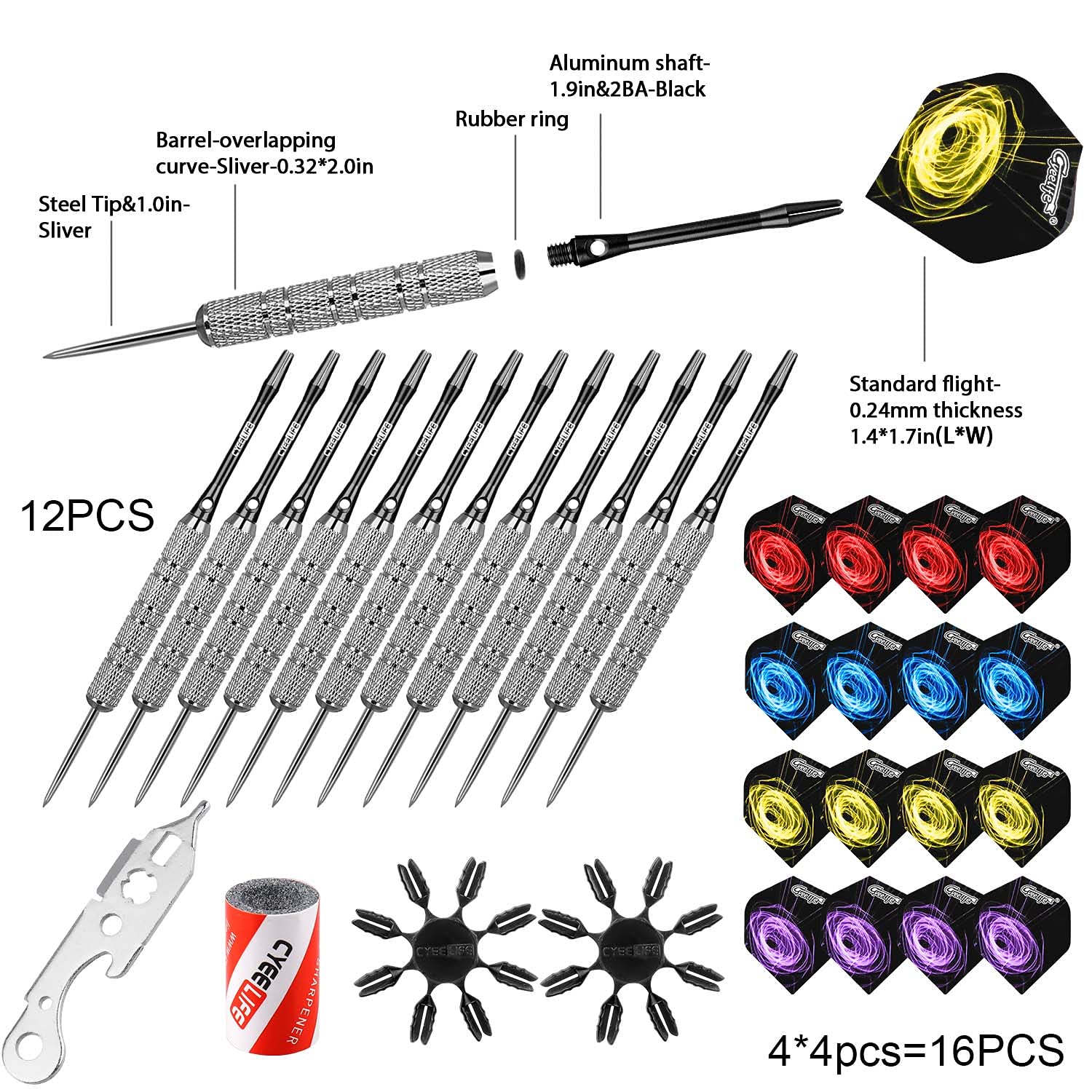 CyeeLife-Steel tip Darts 20g,12 Aluminium shafts+16 Flights+Sharpener+Tool+16 Protectors,for Beginners House Darts