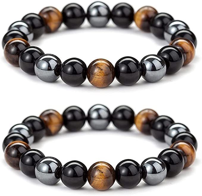 WFJ Black Obsidian Hematite Triple Protection Bracelet Tiger Eye Beads Bracelets for Men and women(10MM), Set of 2 black,gray 19cm