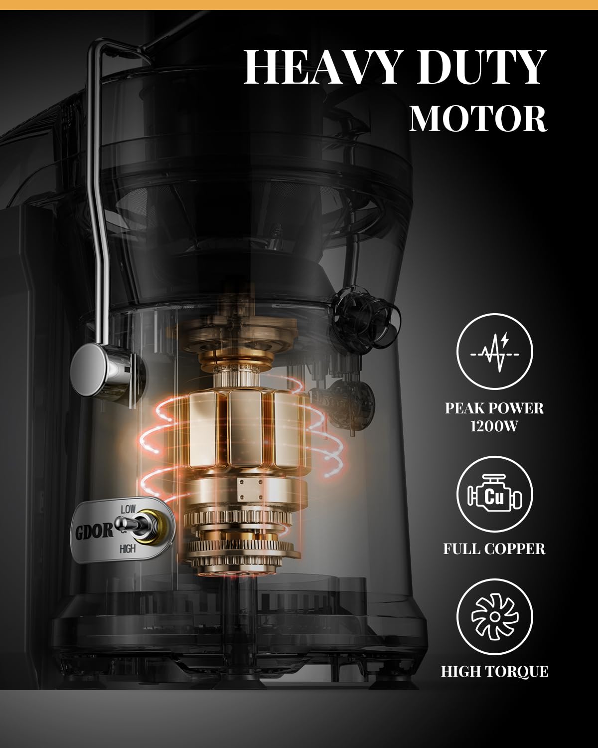 GDOR 1200W Juicer with Larger 3.2" Feed Chute, Titanium Enhanced Cutting System, Centrifugal Juice Extractor Maker with Heavy Duty Full Copper Motor, Dual Speeds, BPA-Free, Gun Grey