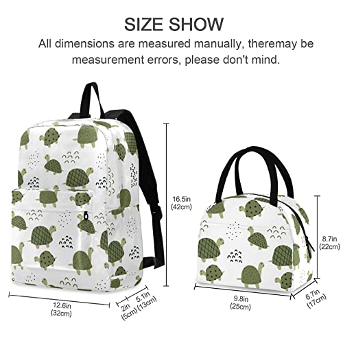 FOLIOSA Kid's Backpack Lunch Bag Set Green Turtle Print, Large Capacity Insulated Scratch-Resistant Backpack with Lunch Kit for School Work Suits for 6+ Years Teenager Boys Girls