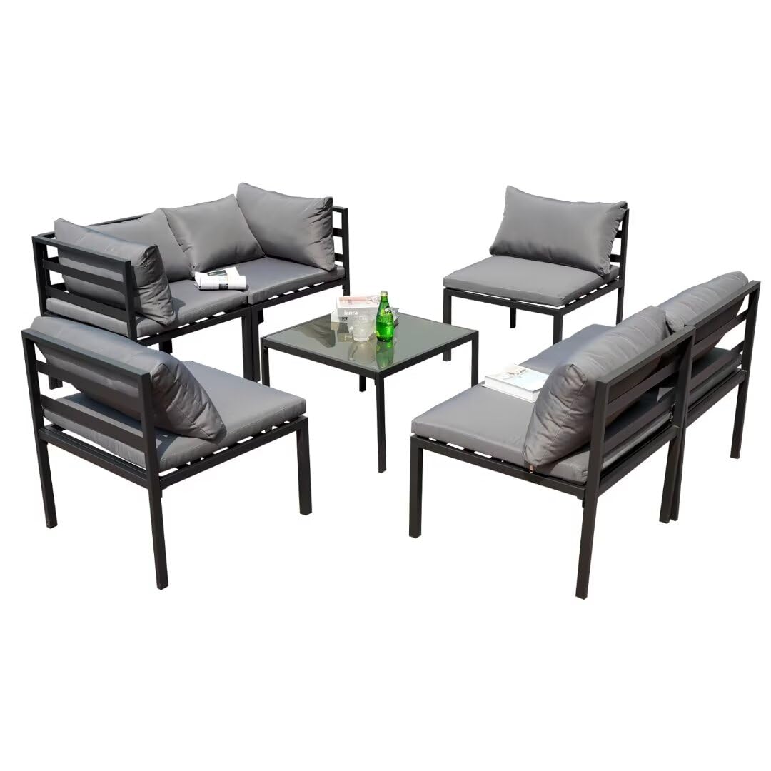 Homsido Outdoor Patio Furniture Set,Outdoor Chairs Set Sectional Sofa Patio Conversation Set，Porch Patio Chat Set with Tempered Glass Table top Coffee Table and Grey Cushions