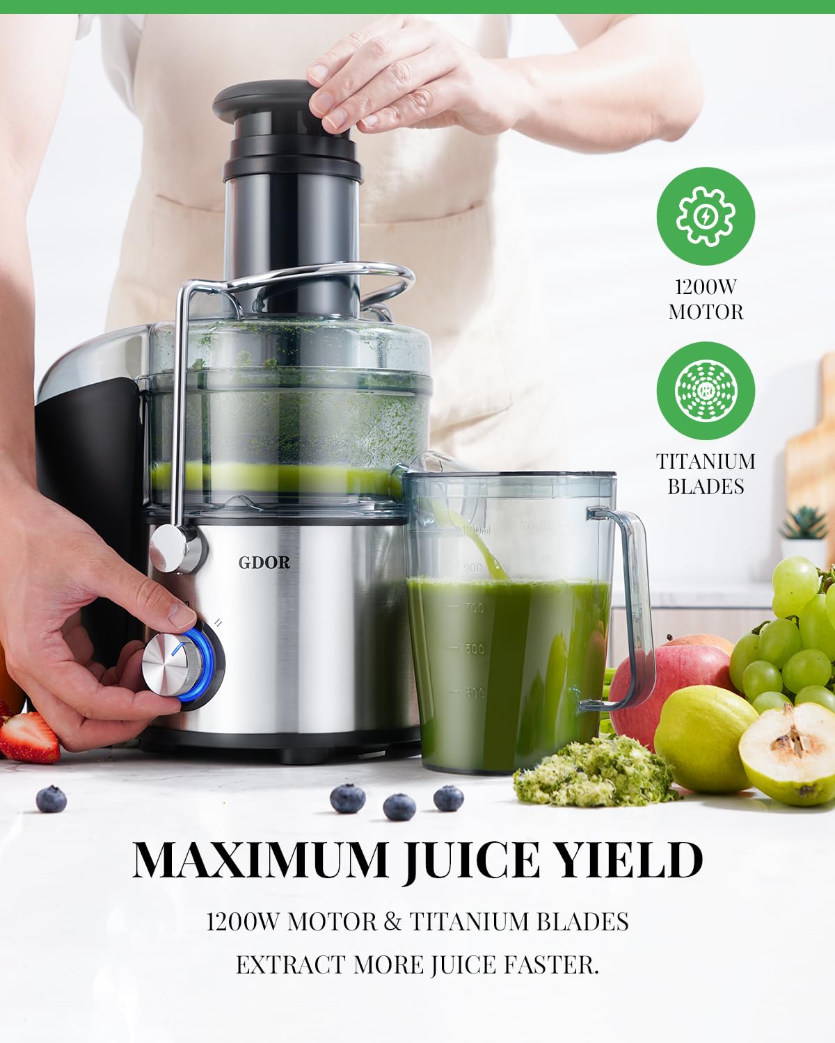 GDOR Powerful 1200W Juicer with Titanium Enhanced Cut Disc, Larger 3β Feed Chute Juicer Machines for Whole Fruits and Vegetables, Centrifugal Juicer with 40 oz. Juice Jug, BPA-Free, Easy to Clean, 3.0
