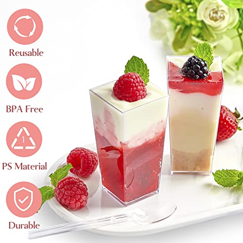 TOFLEN 50 Pack 3 oz Mini Dessert Cups with Spoons, Square Tall Clear Plastic Dessert Shooters Party Serving Tumbler Cups for Parfait Appetizers & Dessert Shot Glasses