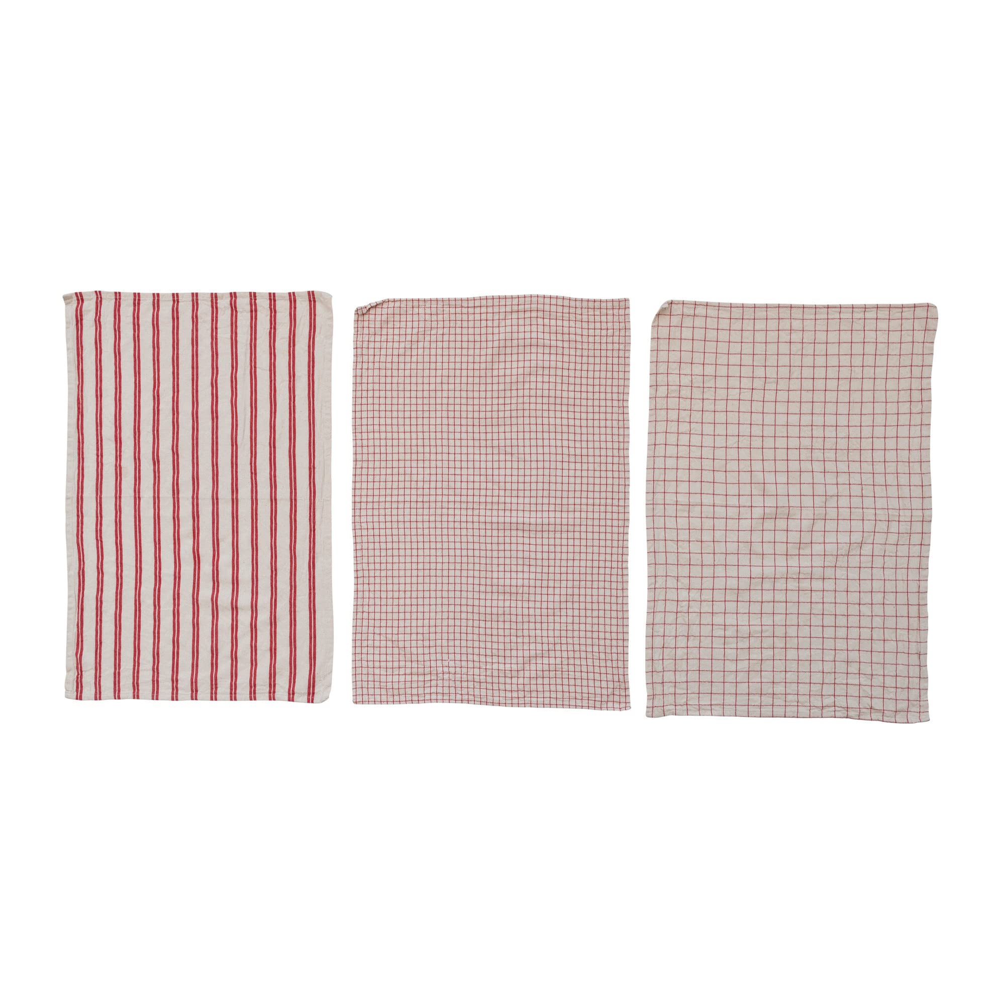 Creative Co-Op Cotton Grid Pattern and Stripes, Set of 3 Styles, Red and White Tea Towel