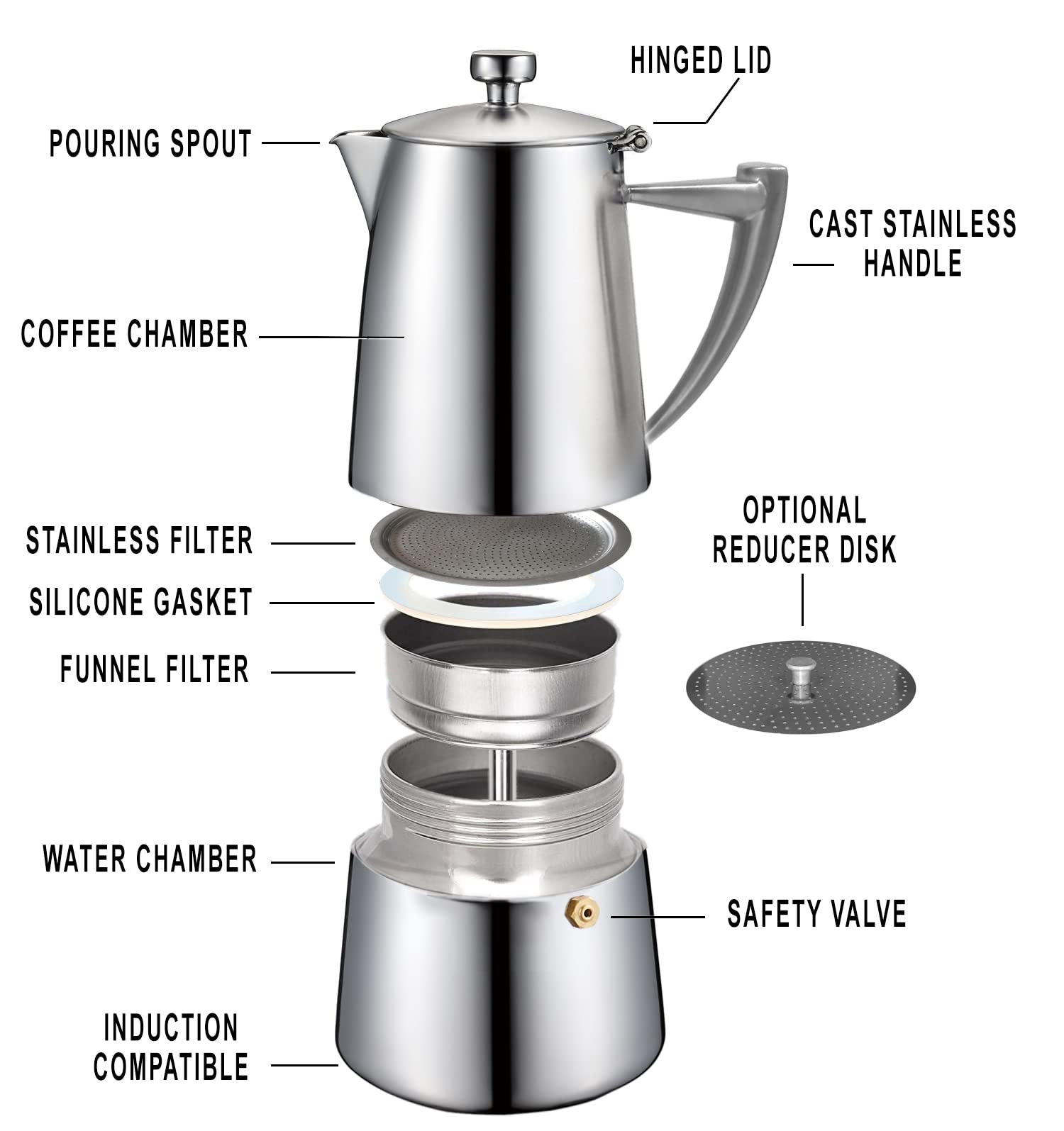 CUISINOX Roma Satin Stainless Steel Moka Pot Stovetop Espresso Maker, 6-Cup