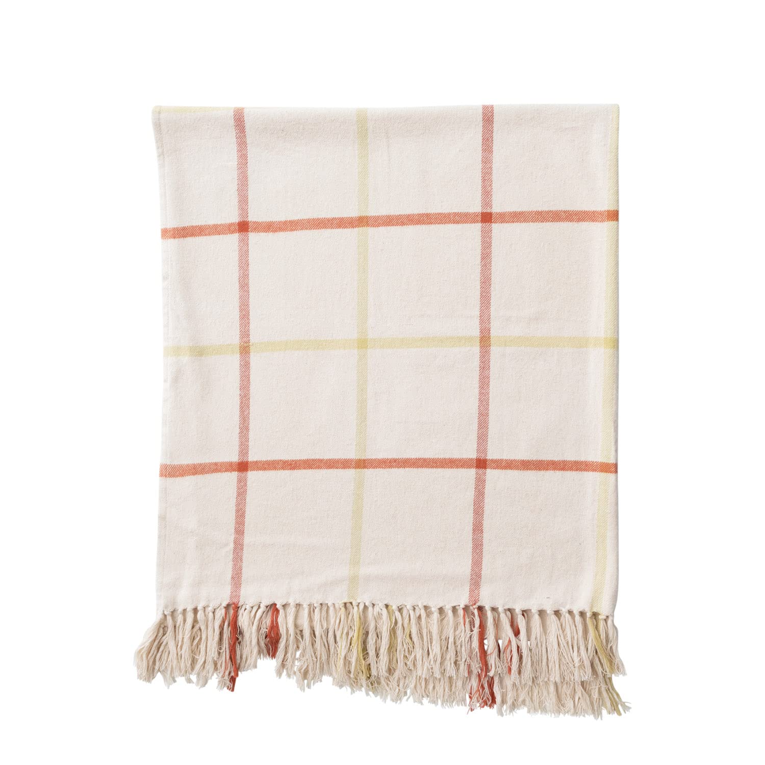 Creative Co-Op Cotton Flannel Throw with Grid Pattern and Fringe, Cream, Sienna and Celery