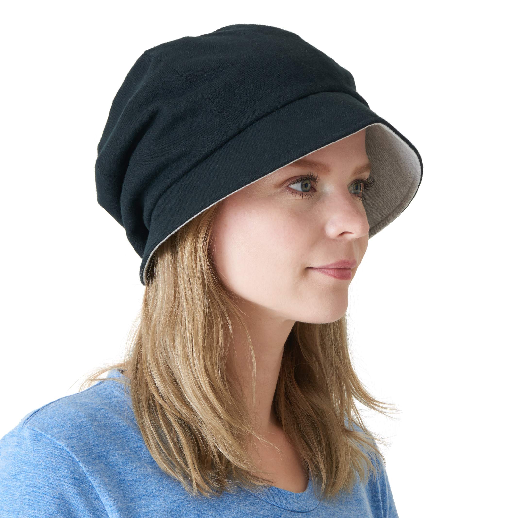 CHARM Women Cotton Sun Hat - Organic Summer Bucket Reversible Chemo Cap Foldable Elastic Black & Light Gray