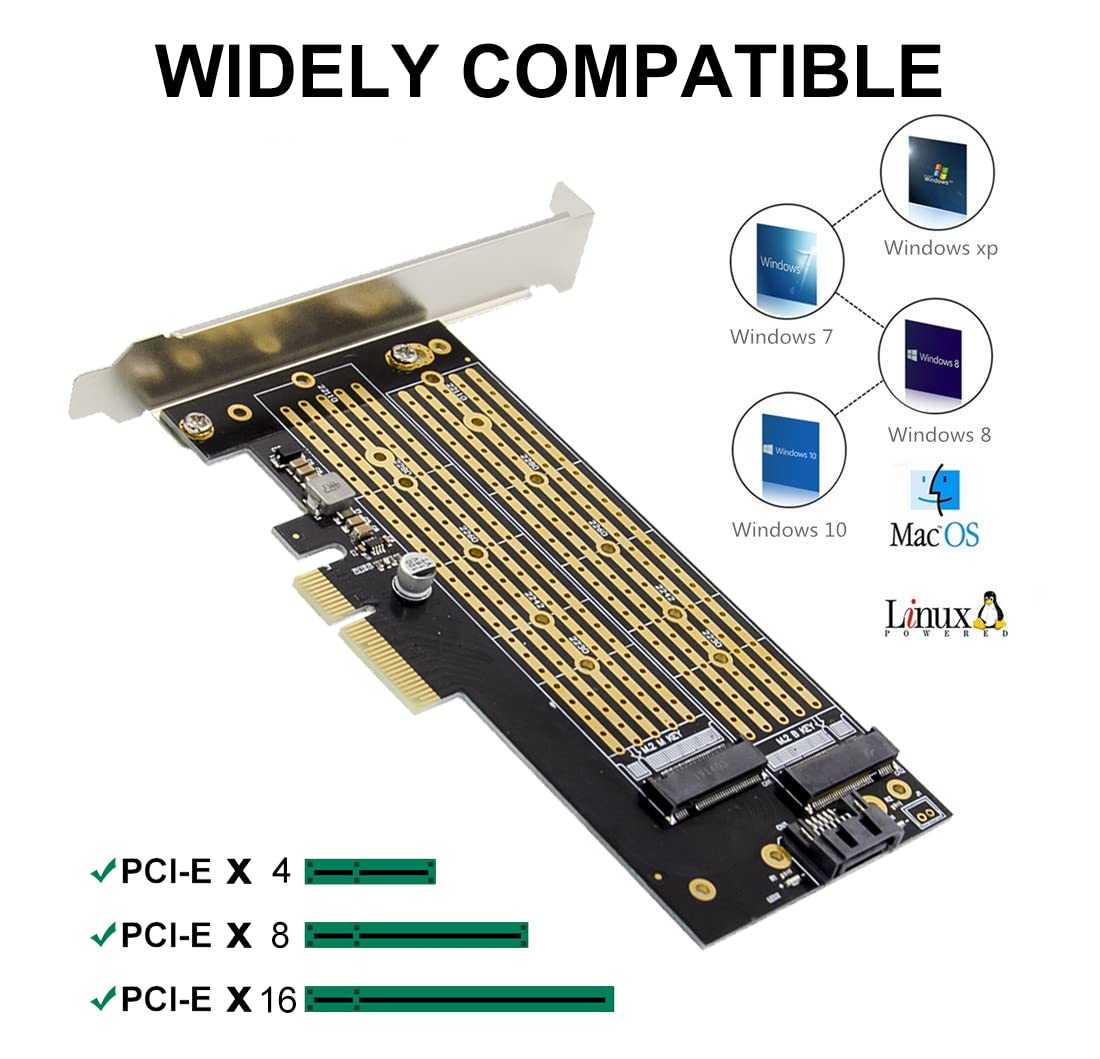 Dual M.2 PCIE Adapter, NGFF SSD to PCIE SATA Dual-Disk Adapter Expansion Card Supports MKey BKey Wiring PCIE 3.0X 4 Full Speed, Desktop PC Installation