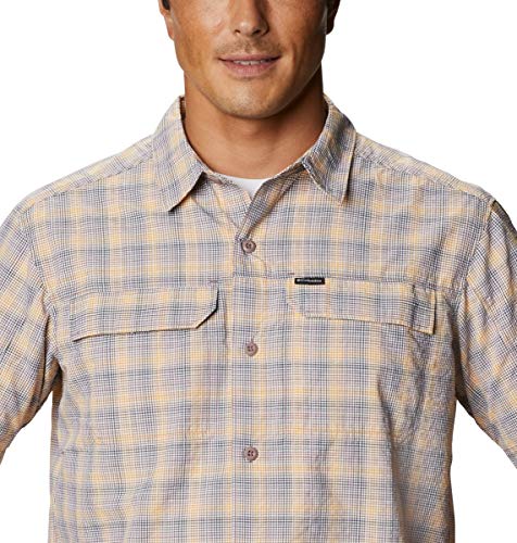Columbia Men’s Silver Ridge Short Sleeve Seesucker Shirt, Moisture Wicking, Sun Protection, Mocha Gingham Ombre, Small