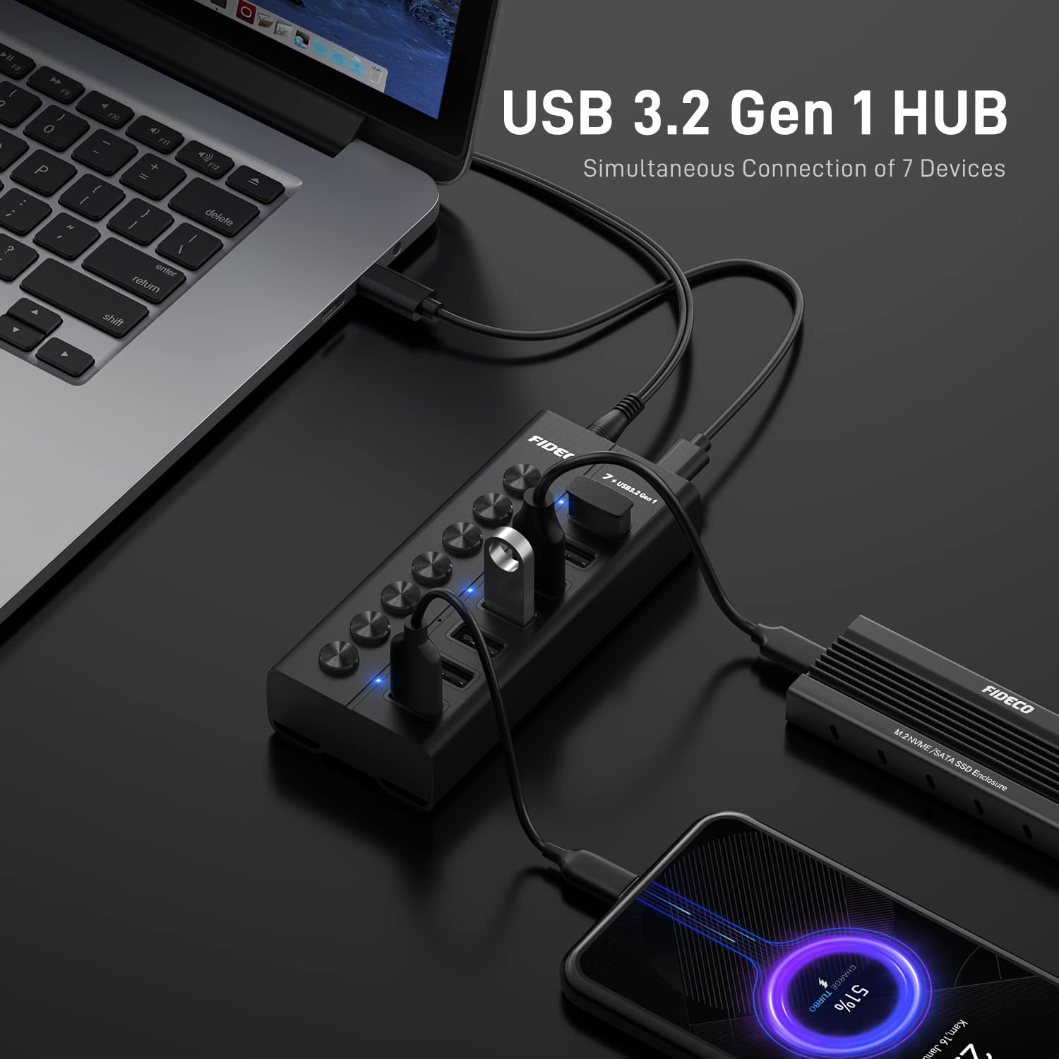 FIDECO Powered 4-Port USB Hub, USB 3.2 Gen 1 Data Hub with Independent On/Off Switch, USB Splitter with USB C to C Cable, USB A to C Cable and Power Adapter
