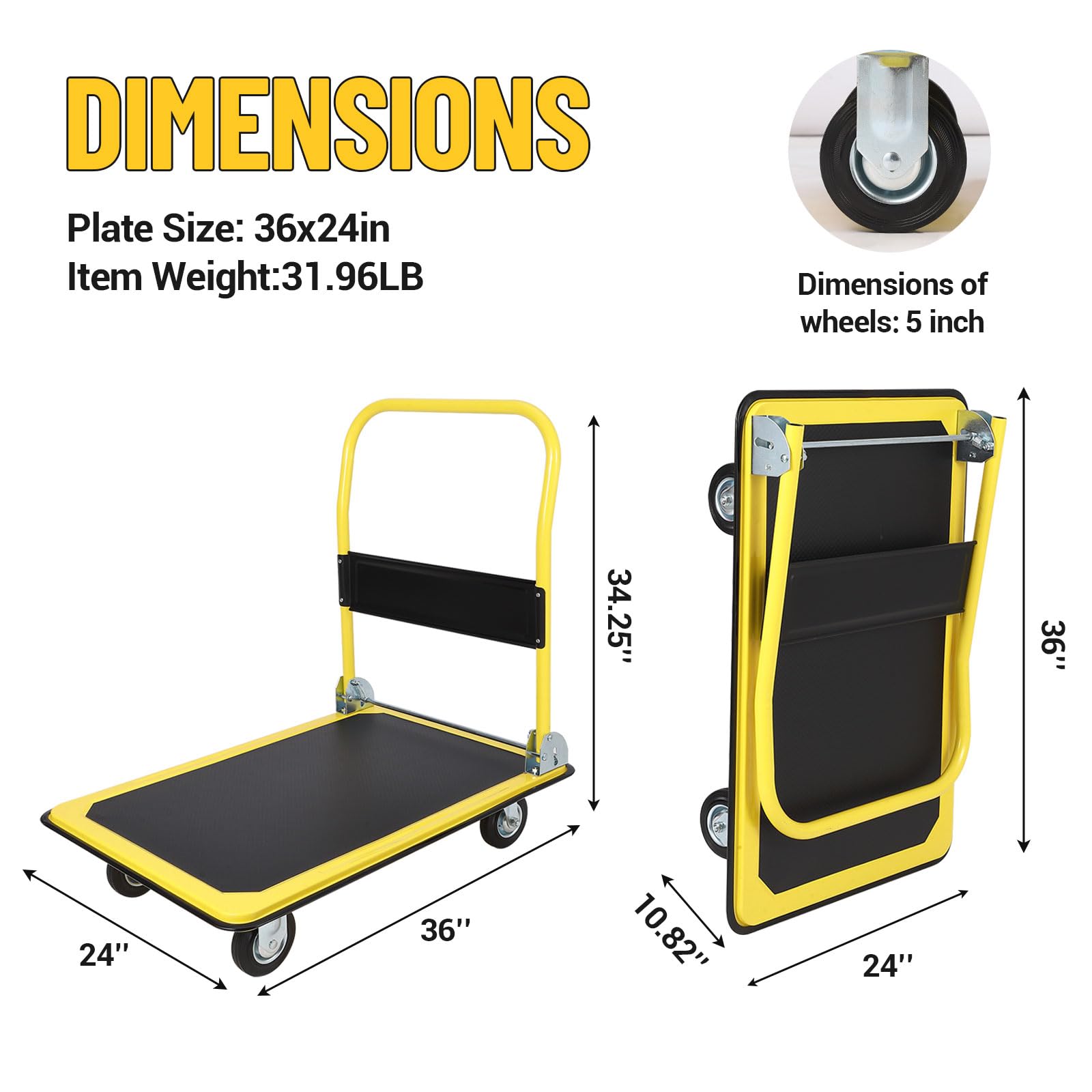JustSmart Platform Truck Cart 880 LBS Load Capacity, Foldable Steel Hand Push Dolly with 5" TPR Wheels, Heavy Duty Flatbed Hand Cart 36" x 24" for Loading and Moving, Home Office Warehouse