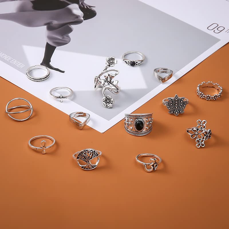 Fashion Ladies Vintage Lotus Openwork Carved Black Gemstone Rings 14 Piece Combination Set (style 1)