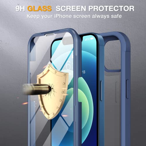 Miracase Glass Case for iPhone 12 Case/iPhone 12 Pro Case 6.1 inch, Full-Body Clear Bumper Case with Built-in 9H Tempered Glass Screen Protector for iPhone 12/ iPhone 12 Pro, Dark Blue