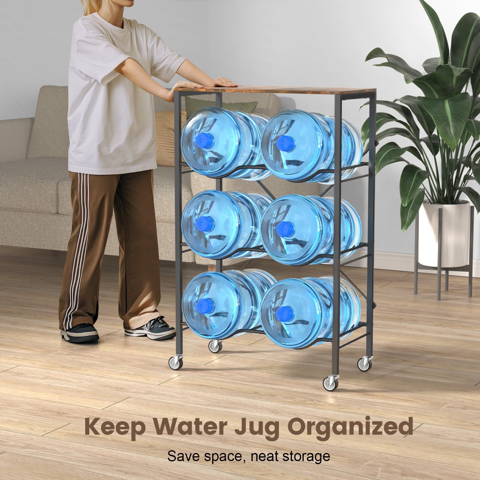 Housolution 3 Tier 5 Gallon Water Jug Holder 6-Tray Water Jug Rack with Top Shelf and 4 Wheels Heavy Duty Movable Water Jug Stand,5 Gallon Water Bottle Holder for Kitchen Office Living Room,Brown