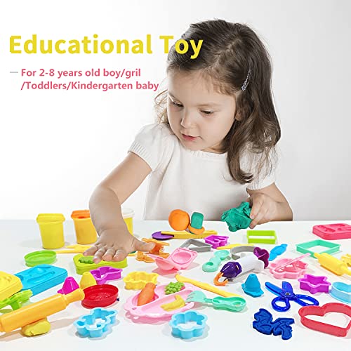 Jaeespon Dough Play Tools for Kids-40pcs Dough Sets with Dinosaur Fruit Roller Cutter Scissor and Various Plastic Accessories Molds, Best Toys Gift for Age 2-8