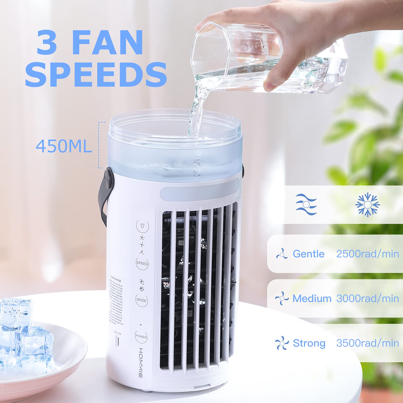 Portable Air Conditioner, Hommie 5 in 1 Personal Mini Air Cooler with 2 Fans, 8 Colors LED Light and 3 Speeds, Small Desk Mini Ac Evaporative Cooler Fanfor Personal Use Small Room
