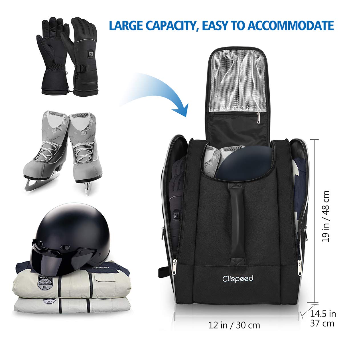 CLISPEED Skate Bag Ski Boot Bag Extra Large Skiing Gear Backpack for Snowboarding Travel Luggage Equipment (Black)