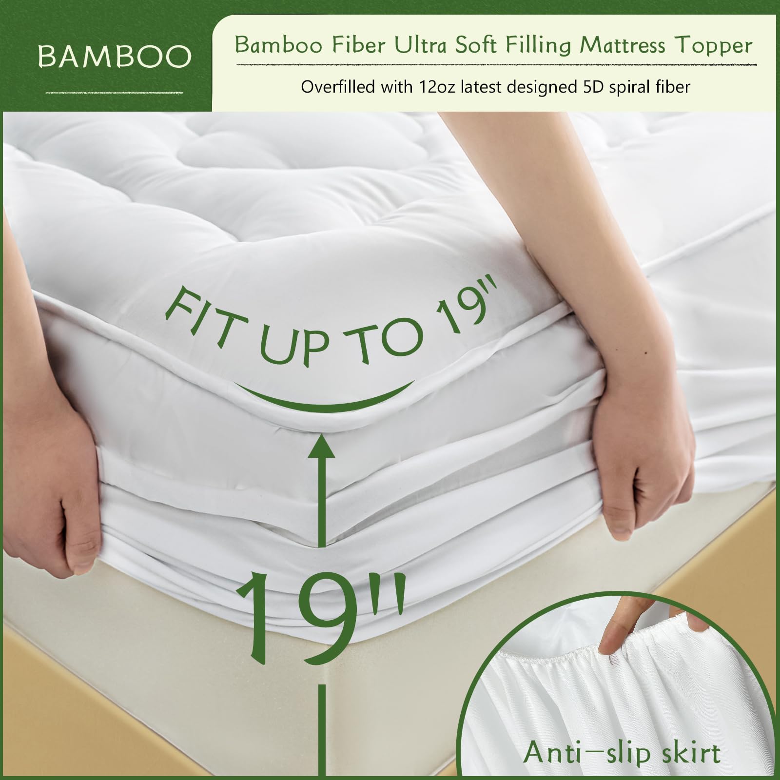 GRT Mattress Pad Cover Rayon from Bamboo Full Size, Extra Thick Quilted Fitted Mattress Topper with 19 Inches Deep Pocket, Cooling Breathable and Noiseless Mattress Cover