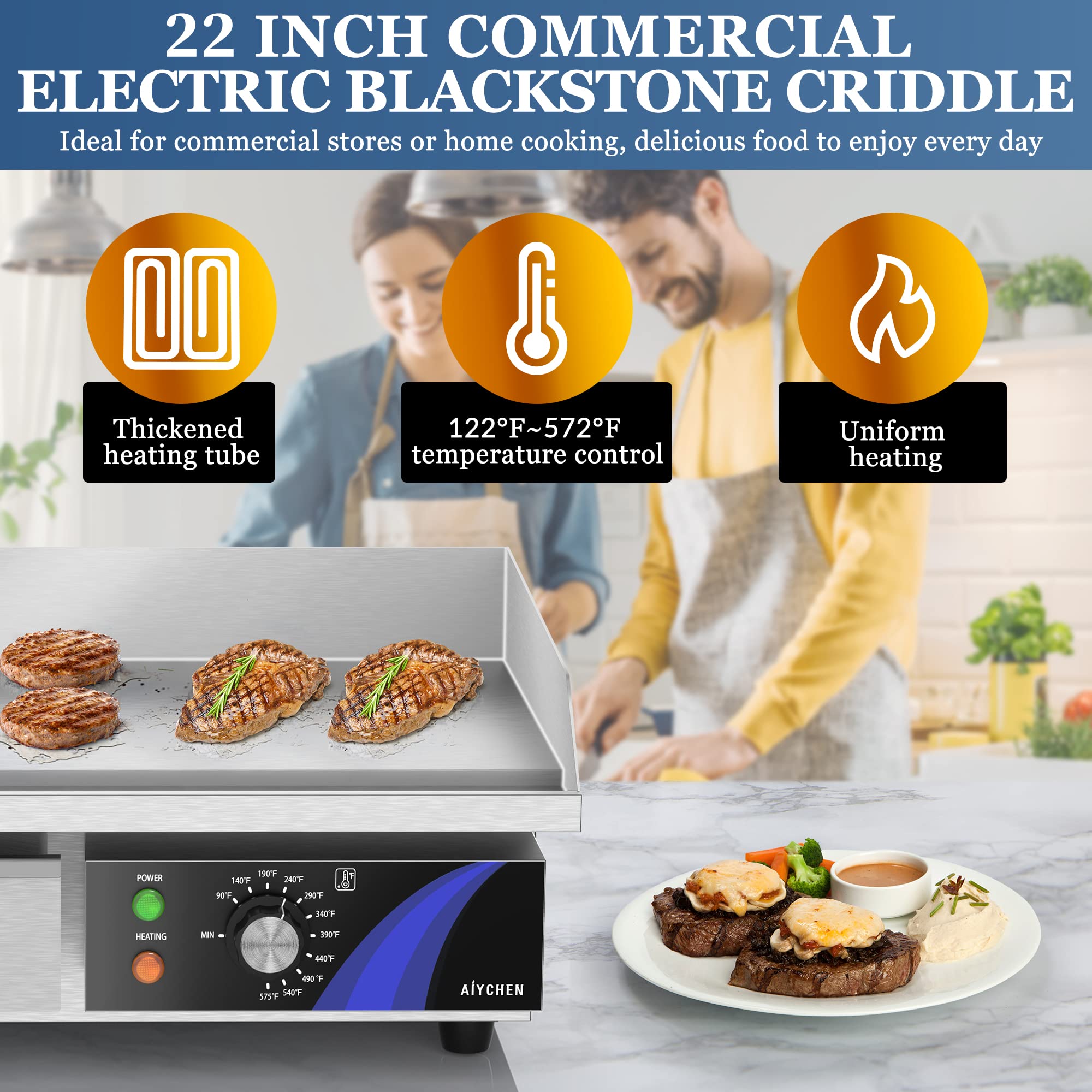 Commercial Griddle 22" Commercial Electric Griddle 220V 3000W Non-Stick Countertop Flat Top Griddle Stainless Steel Grill with Shovels Adjustable Temperature Control 90°F-575°F (22'')