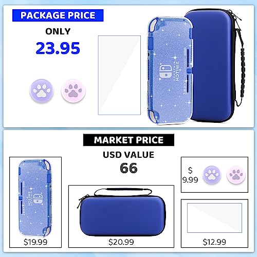HYPERCASE Blue Hard Carrying Case Compatible with Nintendo Switch Lite, Portable Switch Travel Carry Case for Boys Girls with 8 Game Card Slots, TPU Glitter Shell, Screen Protector and 2 Jelly Caps.
