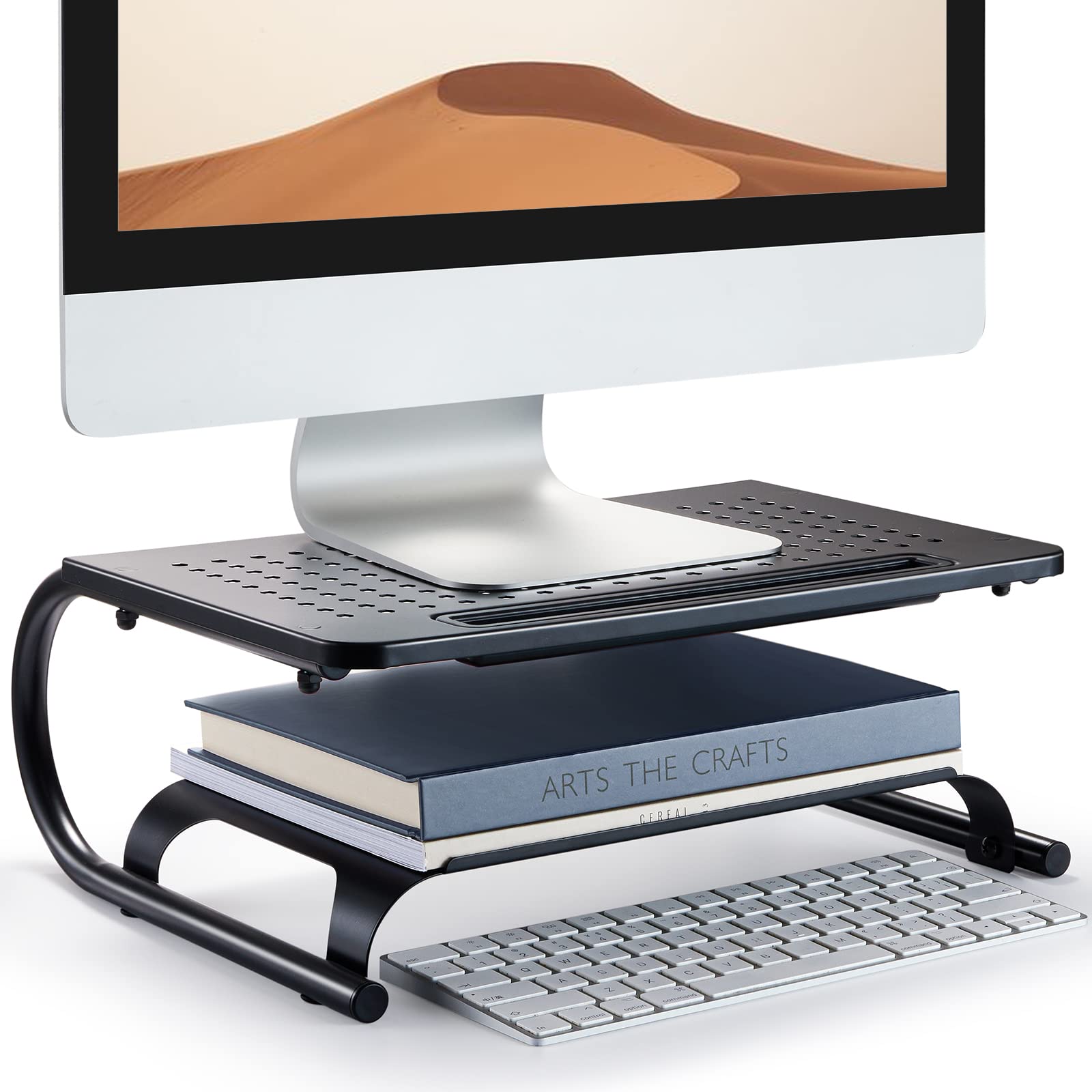 LORYERGO Monitor Stand, Monitor Riser, Computer Stand with Media Solt, Laptop Riser with Vents, 2 Tier Monitor Stand Riser with Storage for Printer/PC, Desktop Stand Organizer - Office & Home
