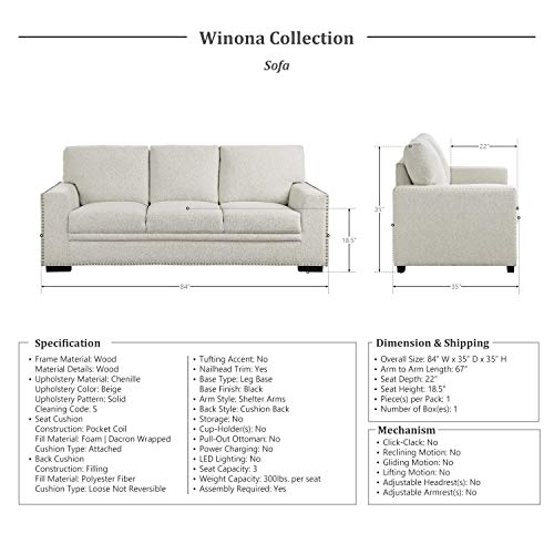 Lexicon Couch for Living Room, Chenille Sofa Couch with Solid Wood Frame and Nailhead Trim, Modern Couch, Upholstered Living Room Furniture, 3 Seater Couch, Beige