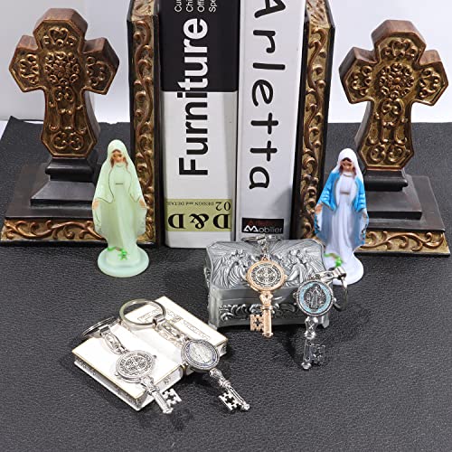 WHLHMK 4Pcs Saint Benedict Medal Keychain, St Benedict Medals Key Chain, Saint Benedict Jubilee Medal, Cross Protection Key Shaped Keychain, Exorcism Medal Christian Sacramental Medal Keyring