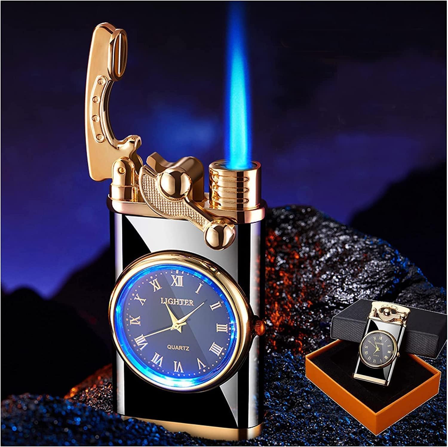 Creative Dial Rocker Arm Inflatable Lighter, Lighter with Electric Watch,Windproof Portable Candle Lighter for Grills BBQ Fireplaces Camping (C)
