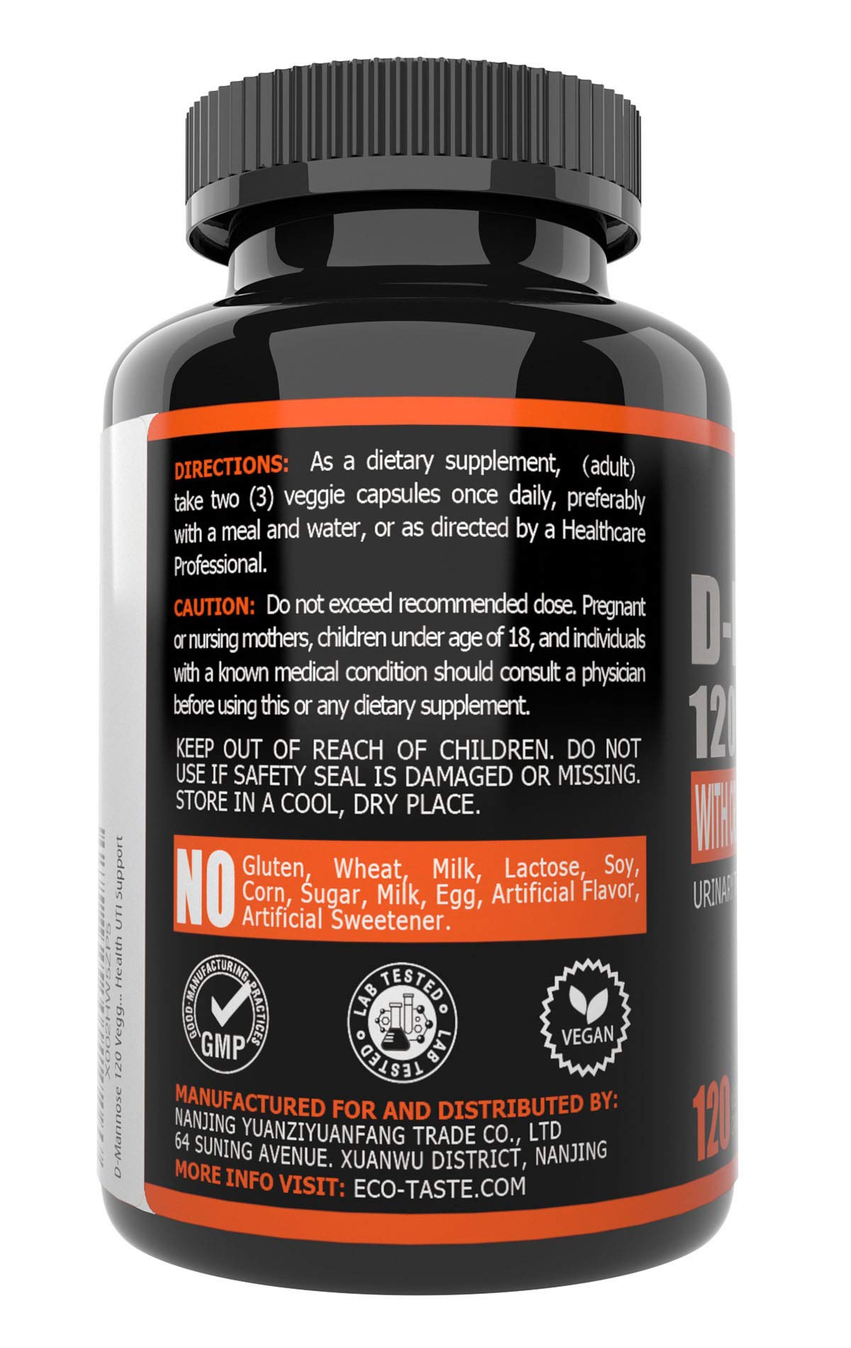 D-Mannose 120 Veggie Capsules, 1200 mg D Mannose Powder per Serving with Cranberry and Dandelion Extract - Natural Urinary Tract Health UTI Support