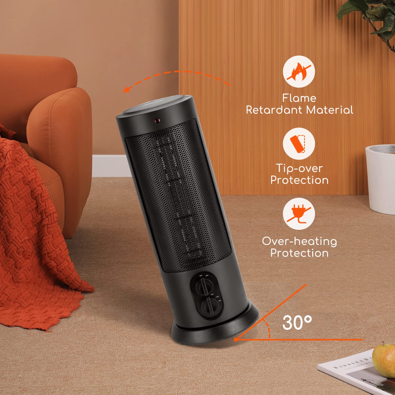 Portable Space Heater for Indoor Use, 250 ft² 1500W Ceramic Oscillating Heater with Thermostat, Tip-Over and Overheat Protection for Office and Room