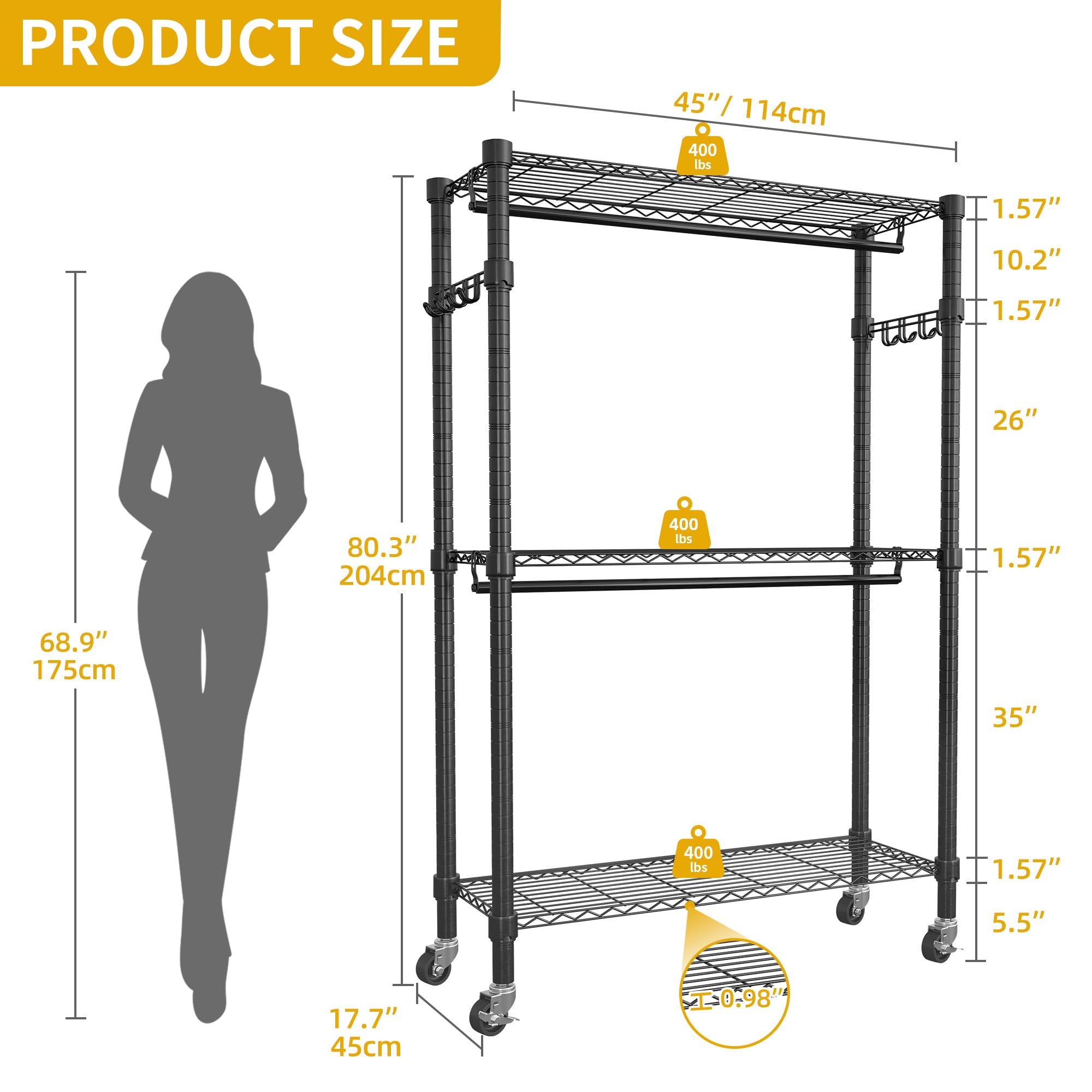 DWVO Rolling Clothes Rack with Wheels, Heavy Duty Garment Rack with 3 Tiers Adjustable Wire Shelving, Portable Clothing Rack for Cloakroom Bedroom Laundry Storage Organizer, Black