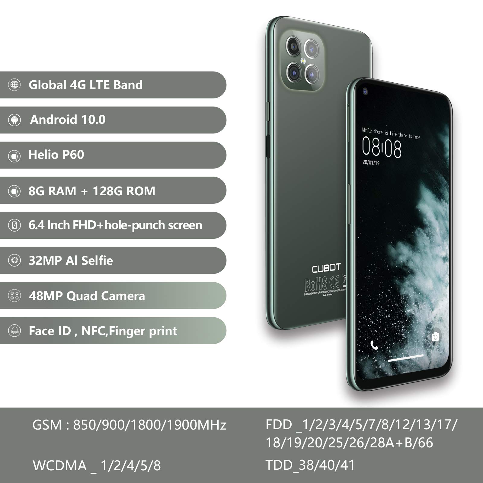 CUBOT Unlocked Android Phones, C30 8GB RAM/128GB 4G Dual SIM Unlocked Smartphone, 6.4" FHD+ Screen, 48MP Quad Camera, GSM International Version, Android 10, 4200mAh Battery, Matt Black