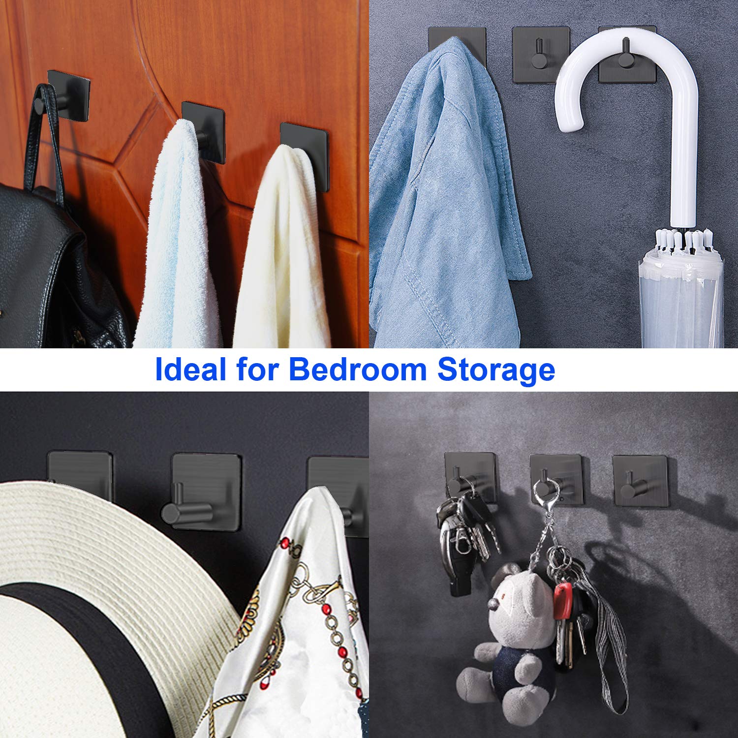 LOOGI Adhesive Hooks, Door Hooks Heavy Duty Towel Hooks Stick on Wall Waterproof Stainless Steel Robe Hanger for Hanging Bathroom Kitchen Home Black 4 Pack