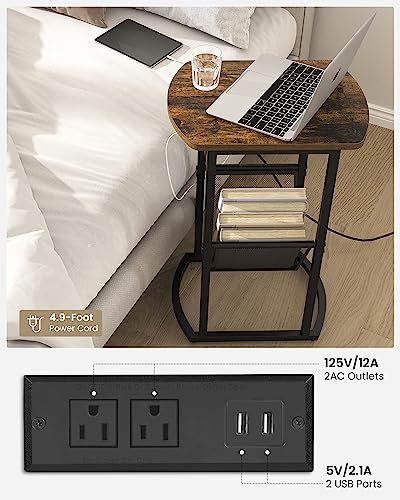Hzuaneri Side Table with Charging Station, End Table with V-Mesh Magazine Holder, Industrial Record Player Stand with CD Album Storage Shelf, Rustic Brown and Black ET05401B