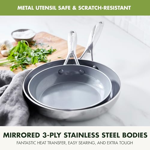 GreenPan Valencia Pro Tri-Ply Stainless Steel 8β and 10β Frying Pan Skillet Set, Healthy Ceramic Nonstick PFAS-Free PFOA-Free Coating, Multi Clad Cookware, Induction, Dishwasher Oven and Broiler Safe