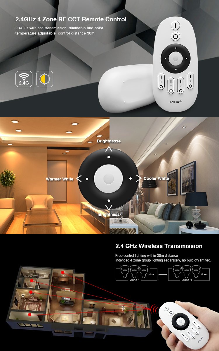 LGIDTECH FUT007 Mi.Light CCT WW+CW 4-Zone Remote Controller (Battery Not Included) for Milight/Miboxer Color Temperature Adjustable LED Lamps and LED Strip Light Controller FUT035 FUT036