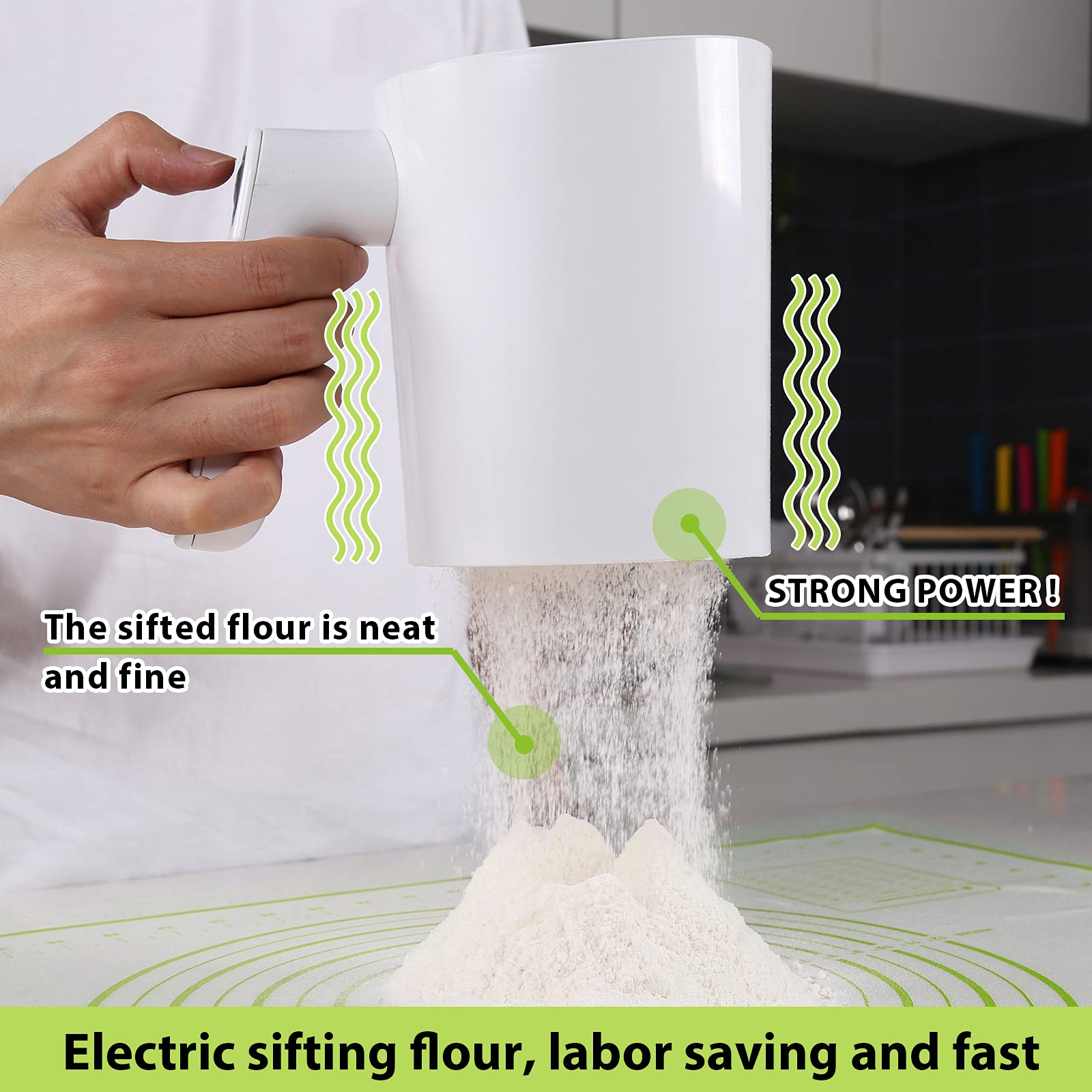 Erivibor Battery Operated Flour Sifter Electric Hand-held Flour Sieve with Dough Scraper Kitchen Baking Tool Powder Filter Food-grade Plastic Body and SS430 Filter Mesh, 4 Cup/1L Capacity, White